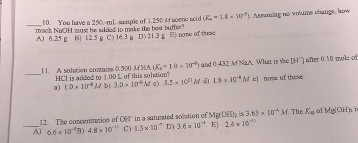 Solved You have a 250.-mL sample of 1.250 M acetic acid (K_a | Chegg.com