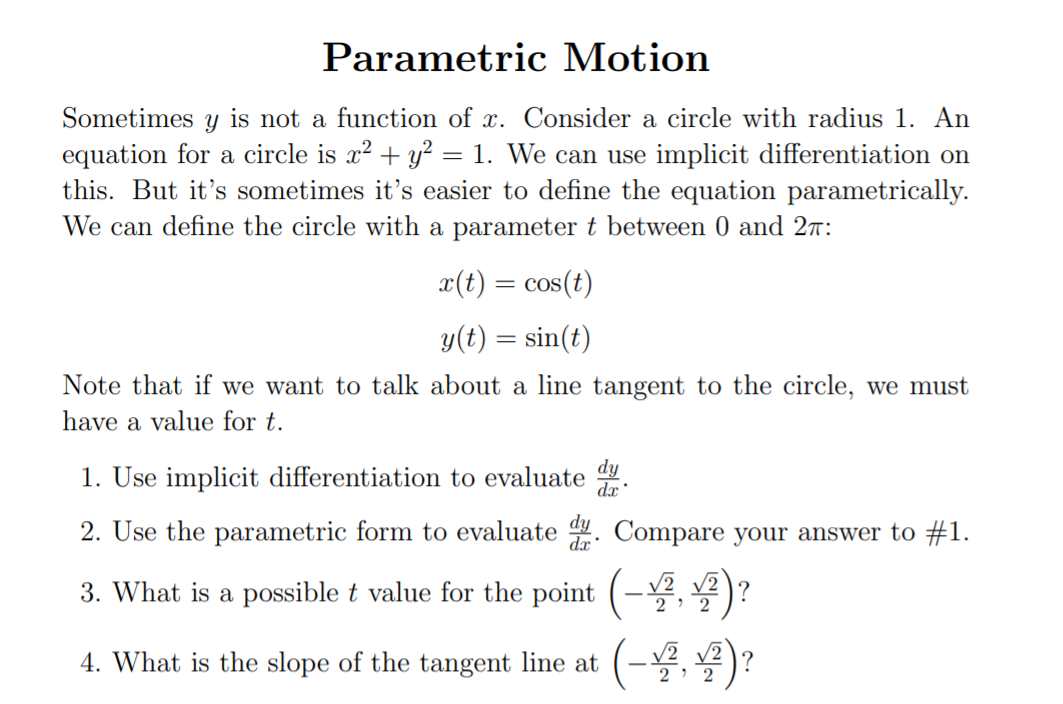 Solved Parametric Motion Sometimes y is not a function of x. | Chegg.com