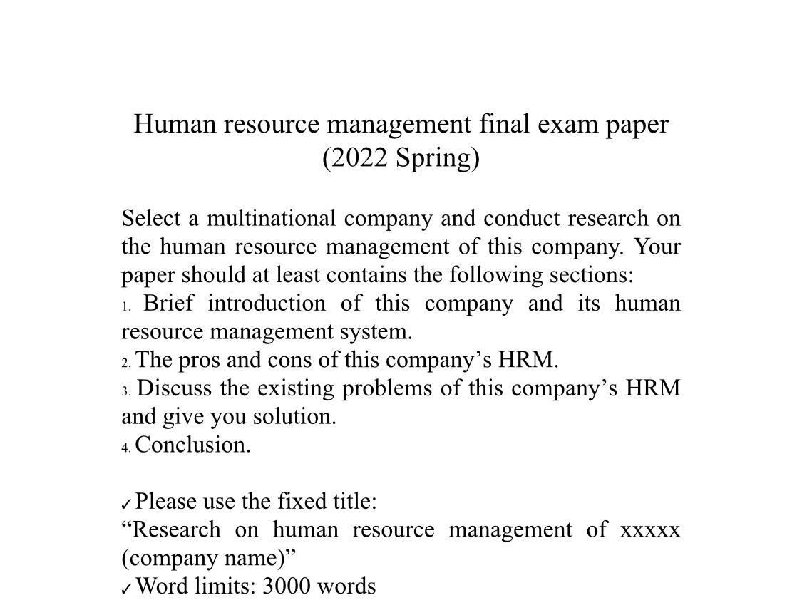 Solved Human resource management final exam paper (2022 | Chegg.com