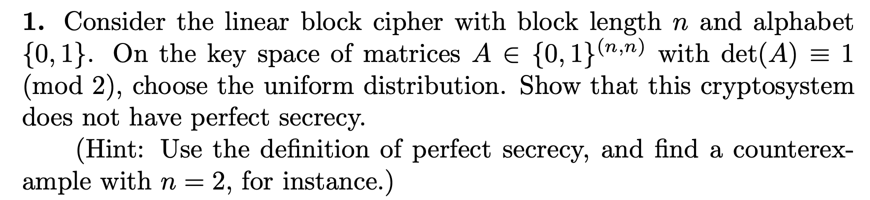 1. Consider the linear block cipher with block length | Chegg.com
