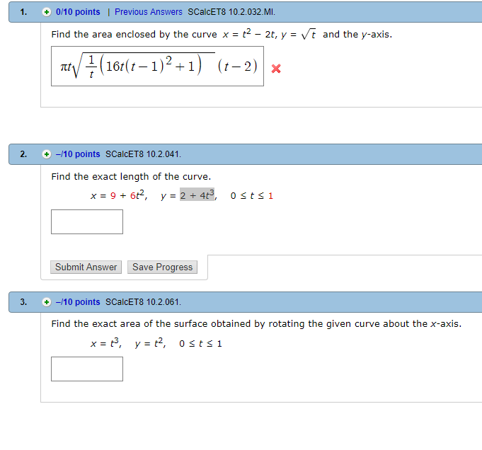 Solved 1. 0/10 points | Previous Answers SCalcET8 | Chegg.com