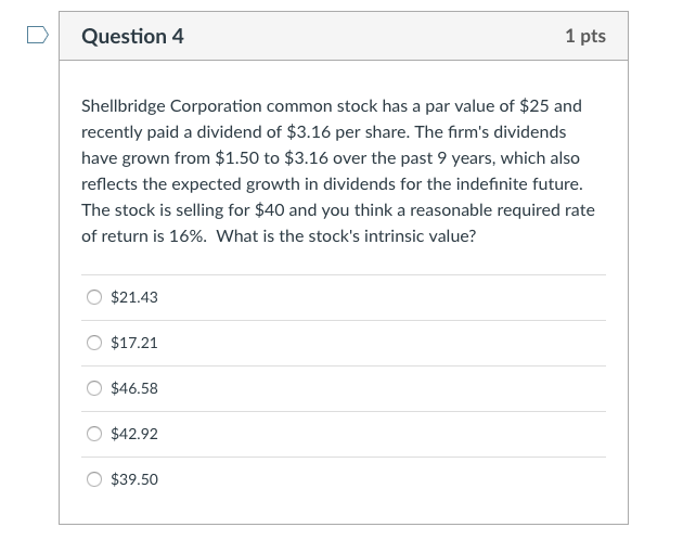 Solved D Question 4 1 pts Shellbridge Corporation common | Chegg.com