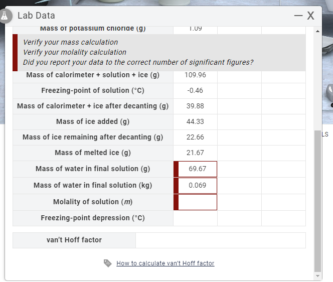 Solved Lab DataLab Data Mass or potassium cnioride (g) 1.09 | Chegg.com