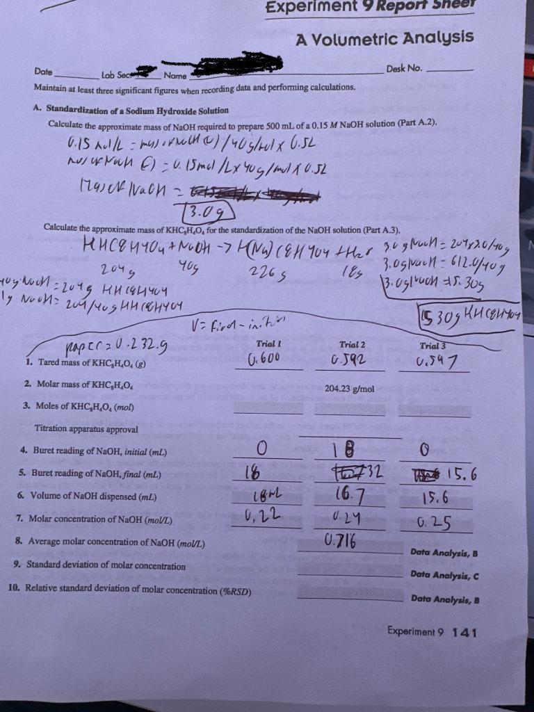 [Solved]: Experiment 9 Report sheet Please show calculation