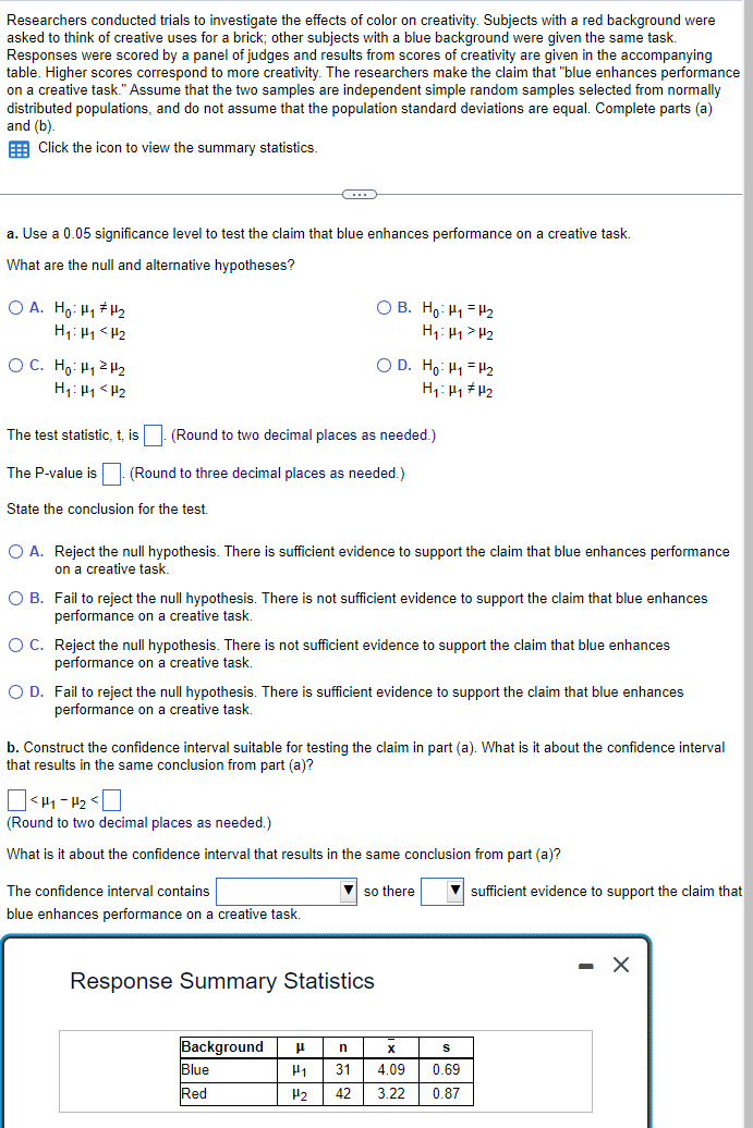 Solved Response Summary Statistics | Chegg.com