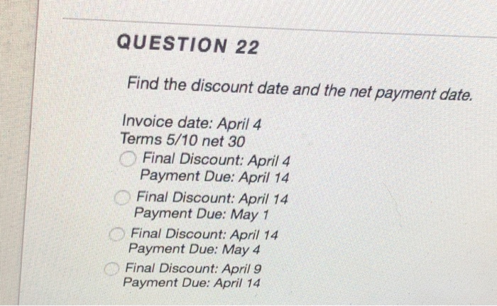 Solved QUESTION 22 Find the discount date and the net | Chegg.com