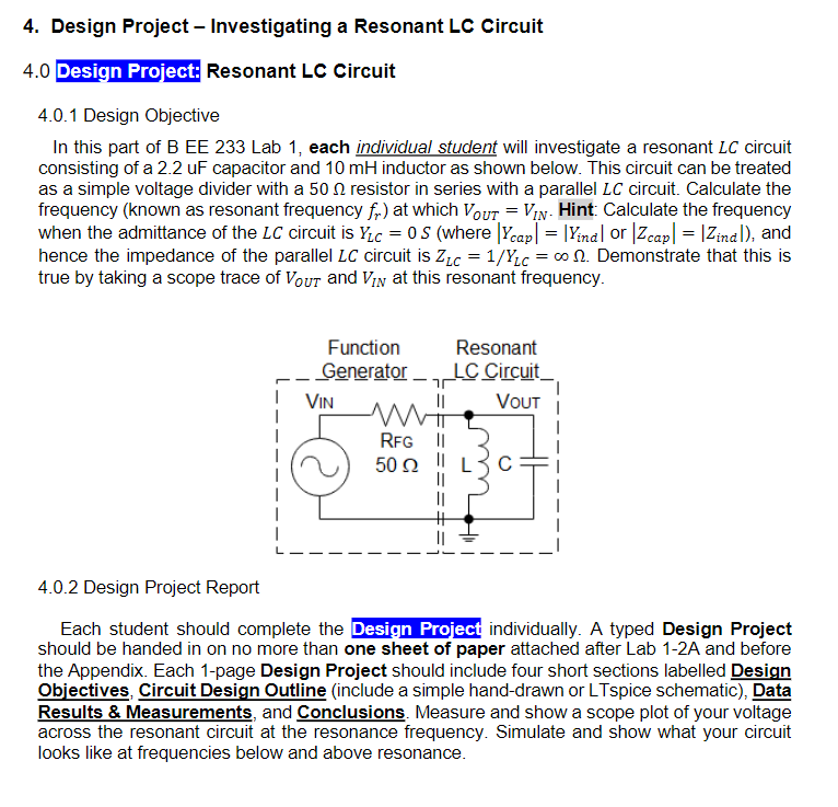 4. Design Project - Investigating a Resonant LC | Chegg.com