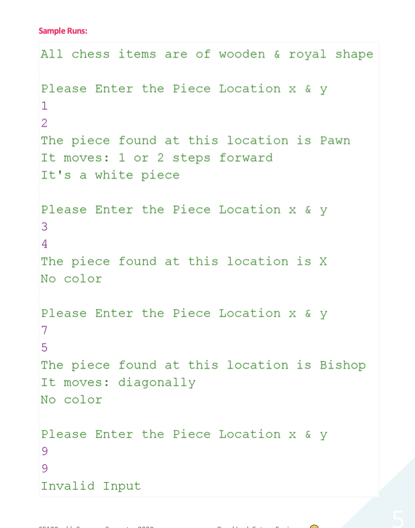 Sample Runs: All chess items are of wooden & royal shape Please Enter ...