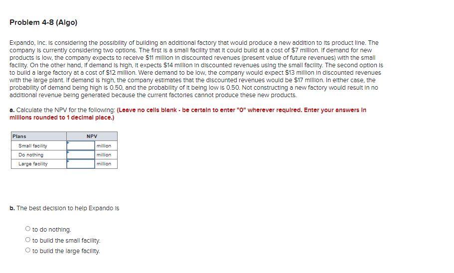 Solved Problem 4-8 (Algo) Expando, Inc. is considering the | Chegg.com