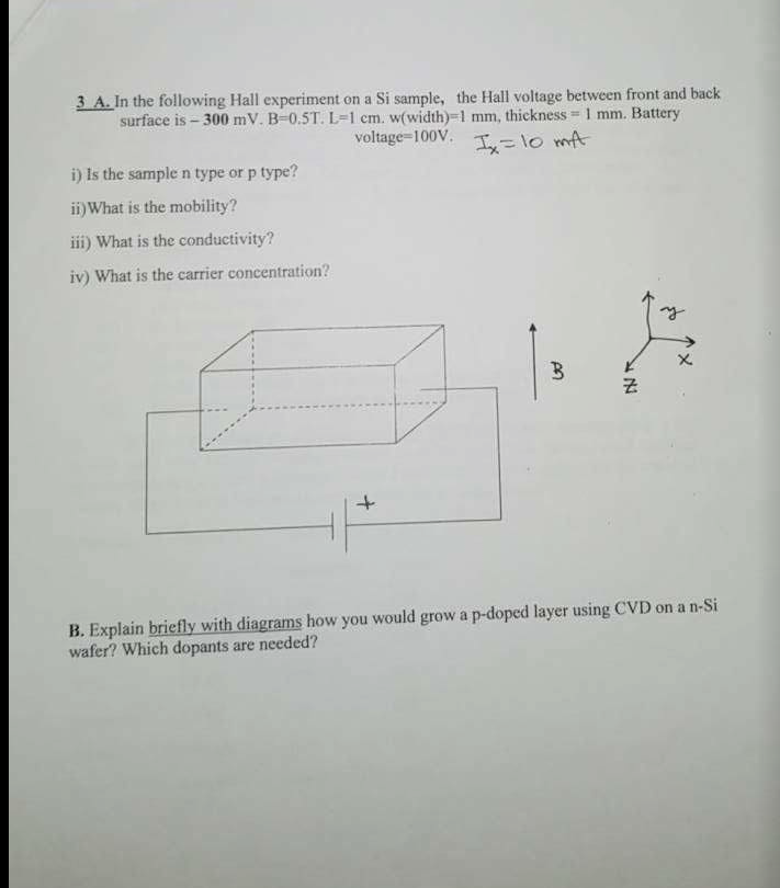Solved 3 A. In the following Hall experiment on a Si sample, | Chegg.com