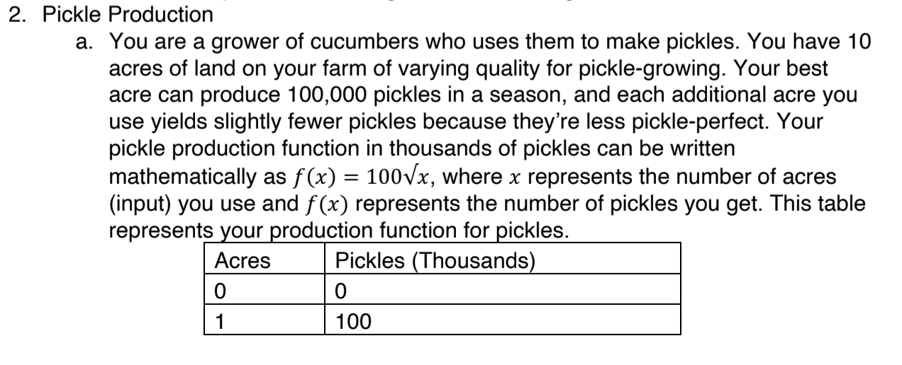 Solved 2. Pickle Production a. You are a grower of cucumbers | Chegg.com