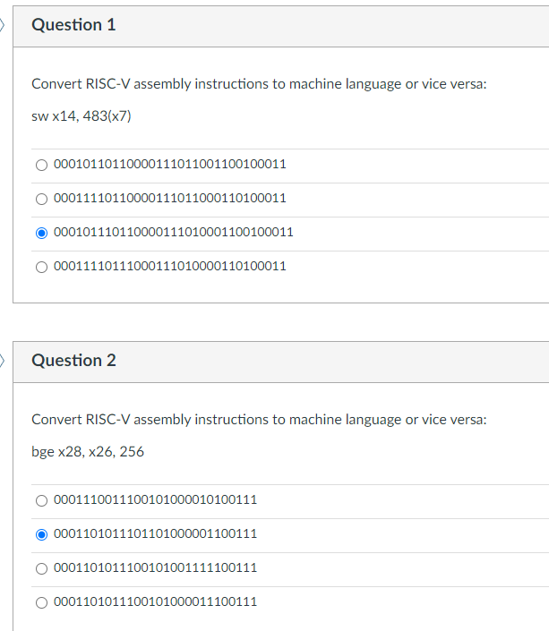 Solved Question 1 Convert RISC-V assembly instructions to | Chegg.com