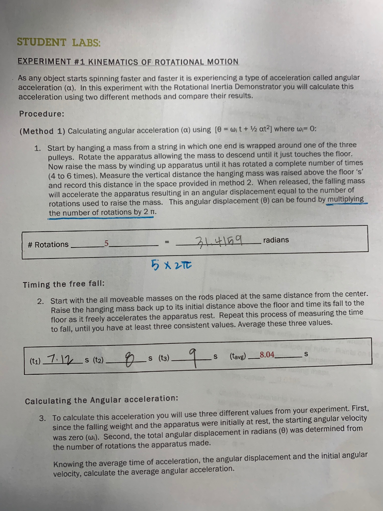 STUDENT LABS EXPERIMENT #1 KINEMATICS OF ROTATIONAL | Chegg.com