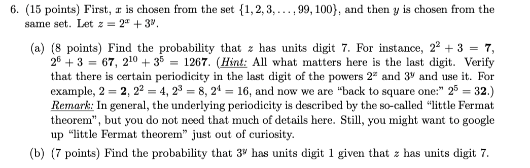 Solved 6. (15 points) First, x is chosen from the set {1, 2, | Chegg.com