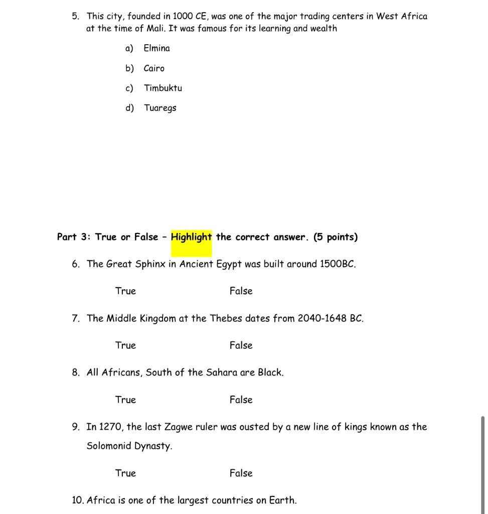 Part 2: Multiple Choice Questions: Highlight the | Chegg.com
