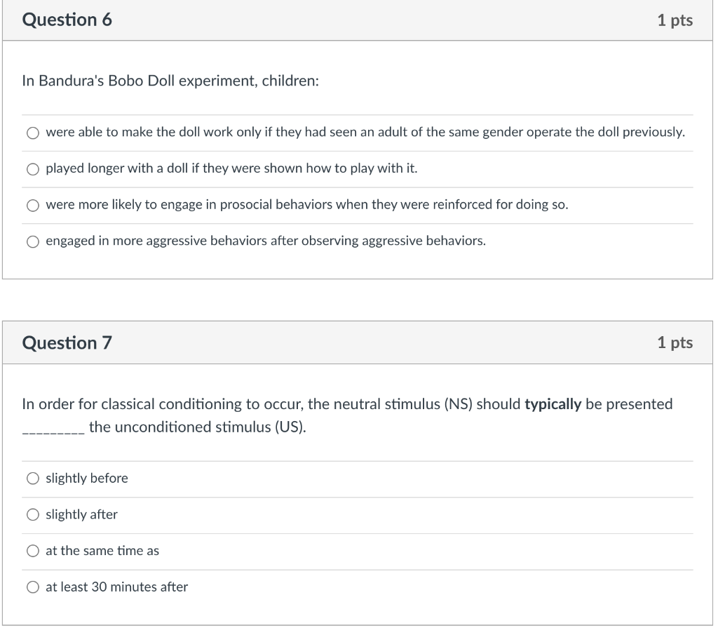 Solved Question 6 1 pts In Bandura's Bobo Doll experiment, | Chegg.com