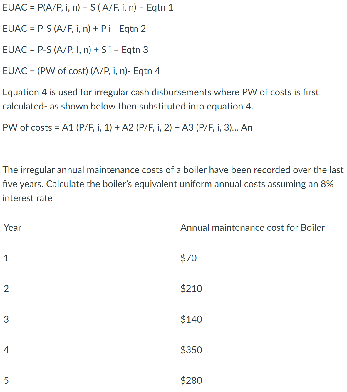 Solved EUAC =P(A/P,i,n)−S(A/F,i,n)− Eqtn 1 EUAC | Chegg.com