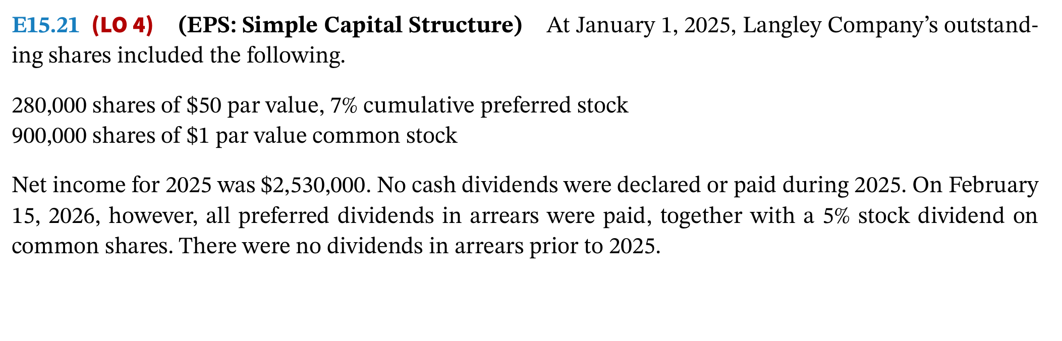 Solved E15.21 (LO 4) (EPS: Simple Capital Structure) ﻿At | Chegg.com