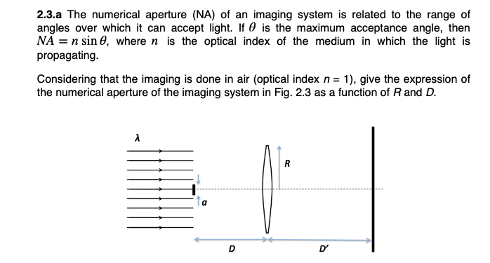 Solved 2.3.a The numerical aperture (NA) of an imaging | Chegg.com