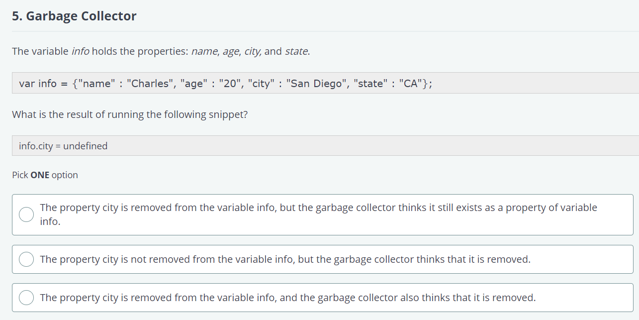Solved 5. Garbage Collector The variable info holds the | Chegg.com