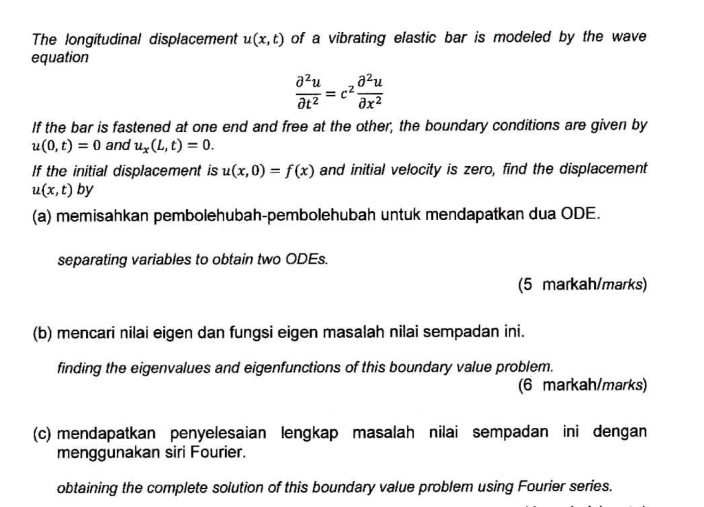 Solved The longitudinal displacement u(x, t) of a vibrating | Chegg.com