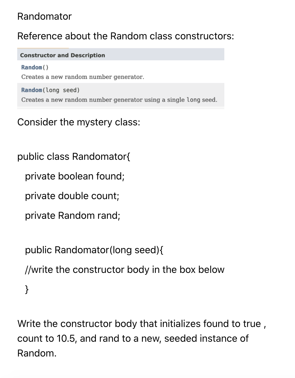 Solved Randomator Reference about the Random class | Chegg.com