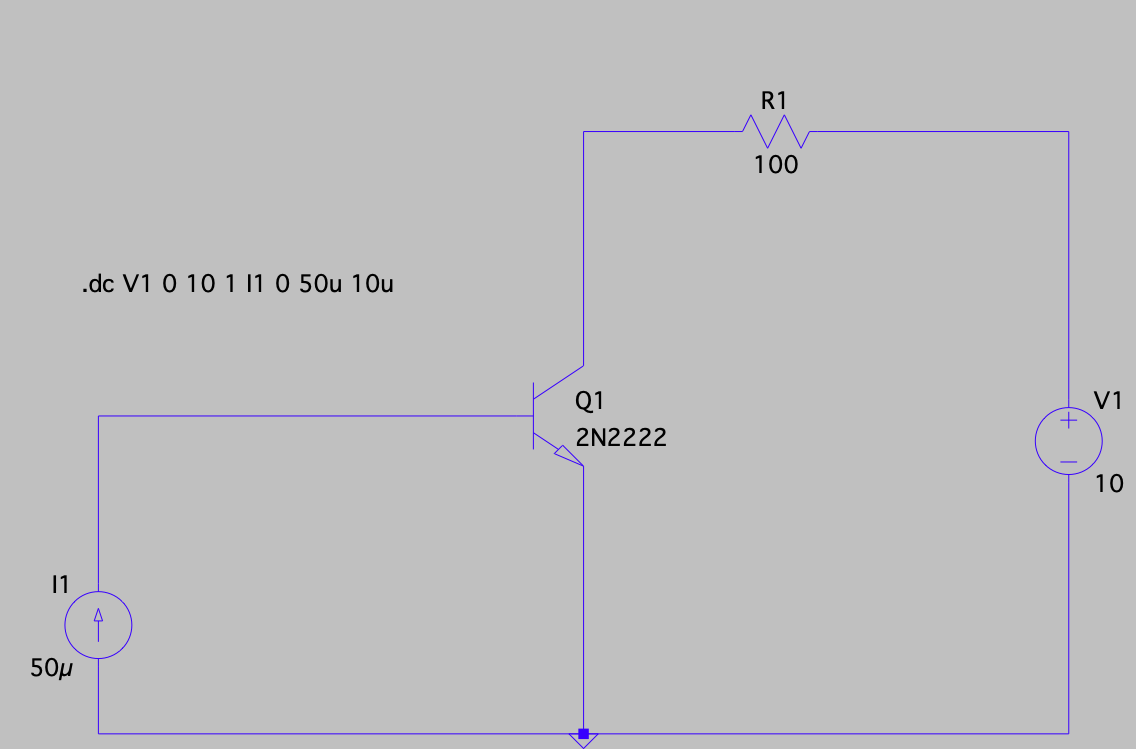 Solved R1 100 .dc V1 O 10 1 11 O 50u 10u V1 Q1 2N2222 + 10 | Chegg.com