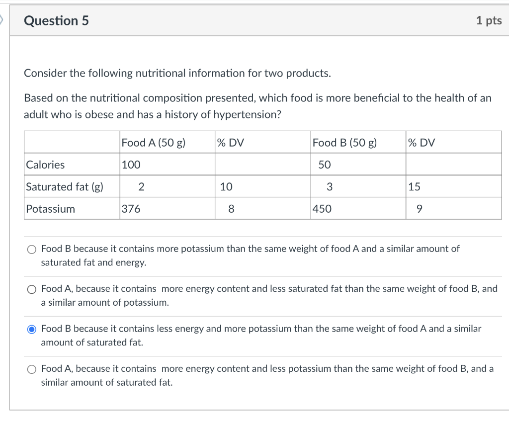 Solved Question 5 1 pts Consider the following nutritional | Chegg.com