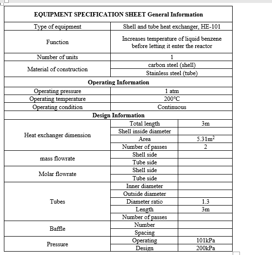 EQUIPMENT SPECIFICATION SHEET General Information Chegg