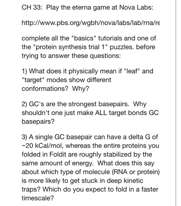 CH 33: Play the eterna game at Nova Labs: | Chegg.com