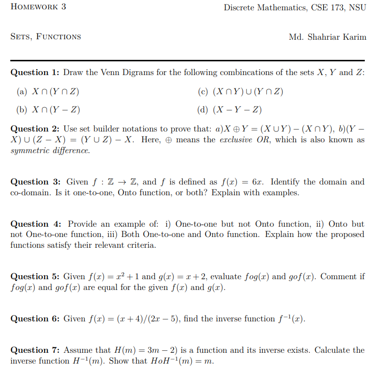 Solved HOMEWORK 3 Discrete Mathematics, CSE 173, NSU Sets, | Chegg.com