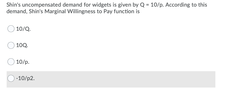 Solved Shin's uncompensated demand for widgets is given by Q | Chegg.com