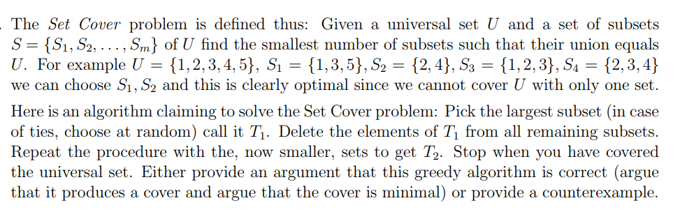 Solved The Set Cover problem is defined thus: Given a | Chegg.com