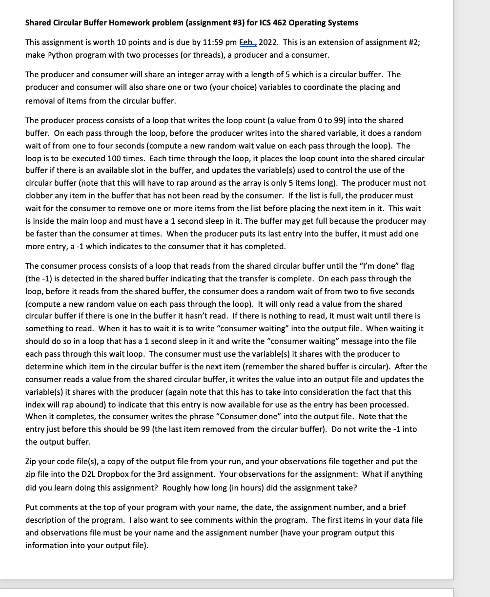 Shared Circular Buffer Homework Problem Assignment