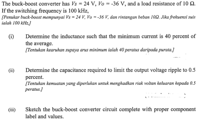 Solved The buck-boost converter has Vs=24 V,Vo=−36 V, and a | Chegg.com