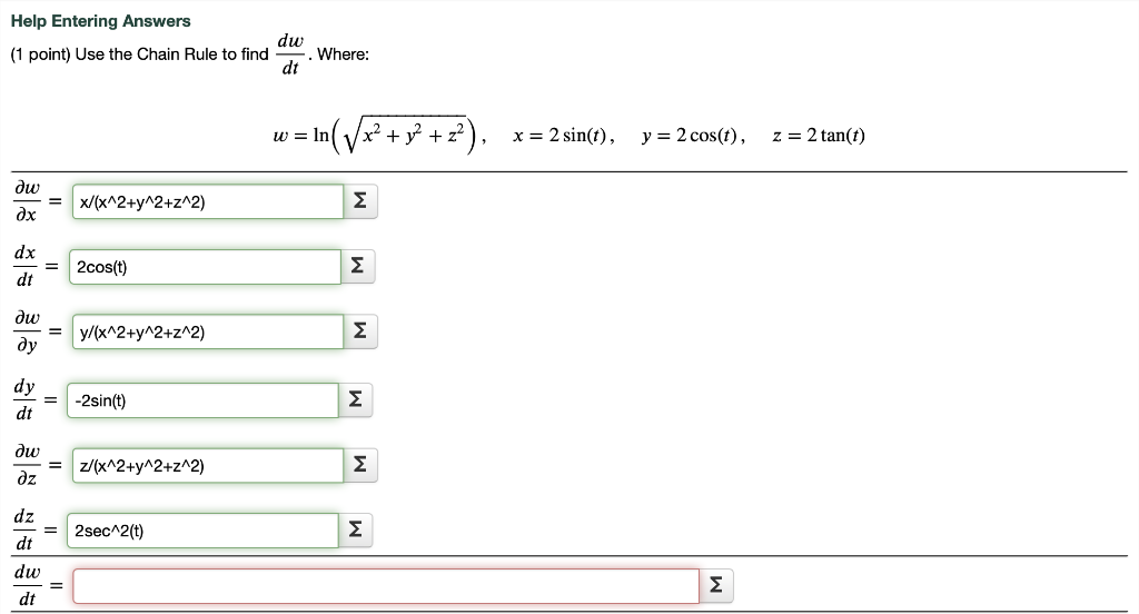 Solved Help Entering Answers (1 point) Use the Chain Rule to | Chegg.com