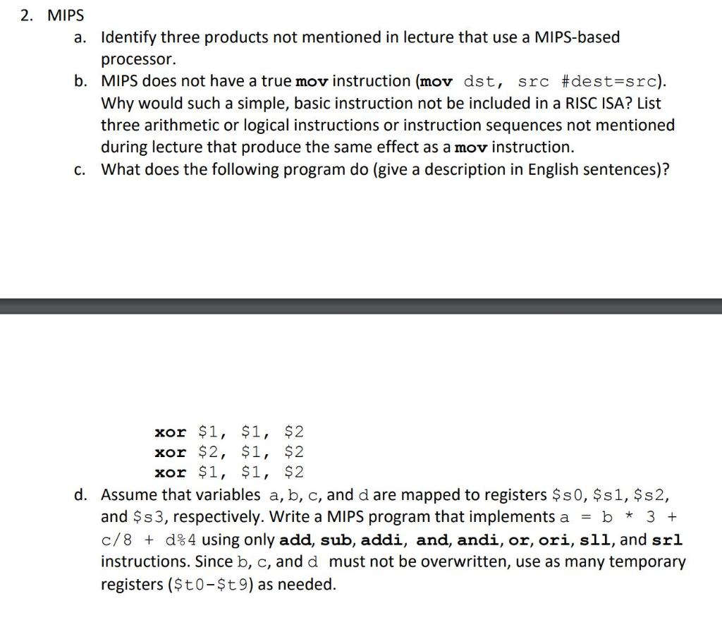 Solved 2. MIPS a. Identify three products not mentioned in | Chegg.com