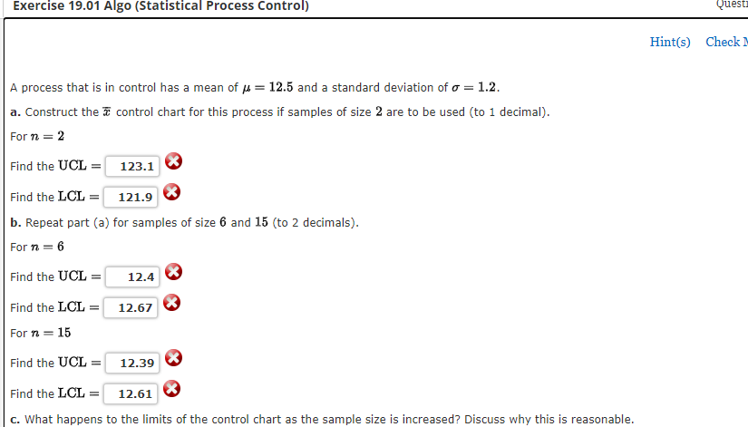 Solved A process that is in control has a mean of μ=12.5 and | Chegg.com