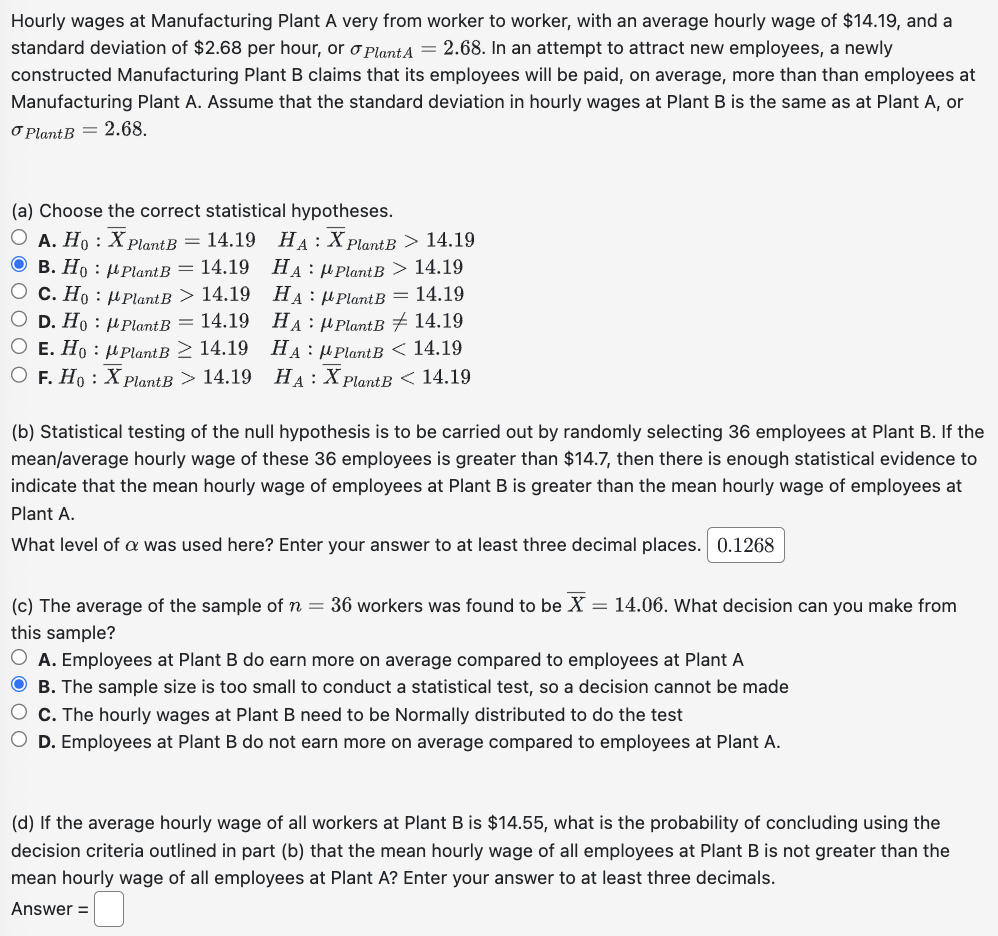 Solved Hourly wages at Manufacturing Plant A very from | Chegg.com