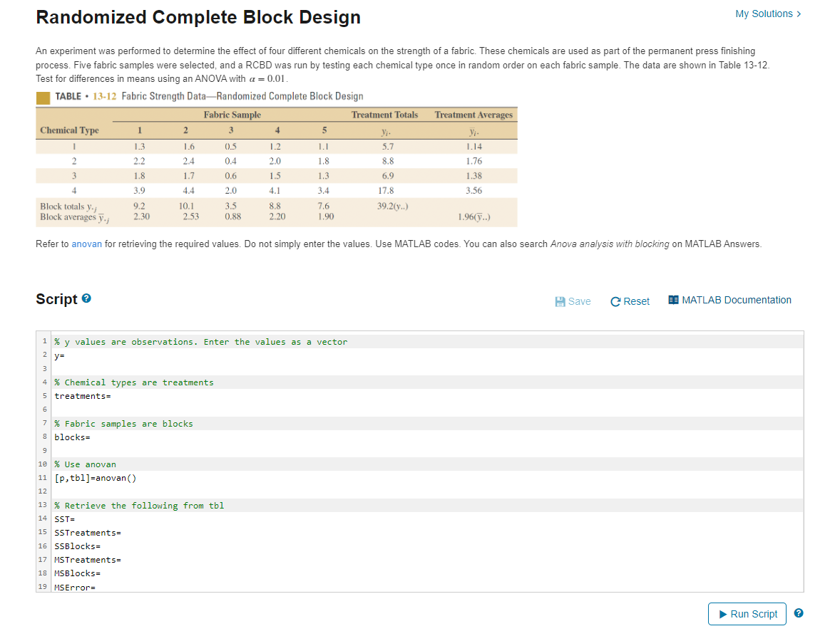 Randomized Complete Block Design My Solutions > An | Chegg.com