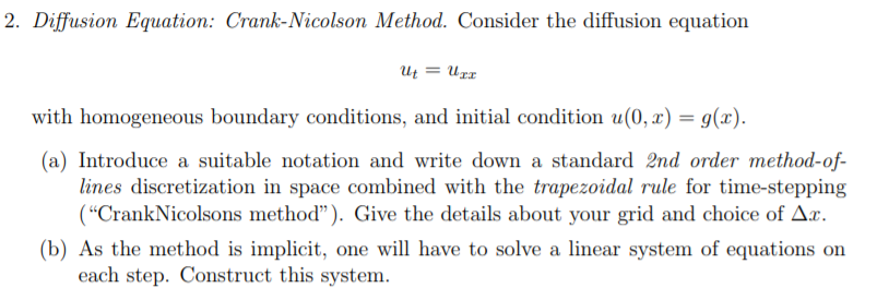 Solved 20 points 2. Diffusion Equation: Crank-Nicolson | Chegg.com