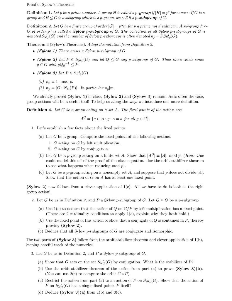 Solved Proof of Sylow's Theorems Definition 1. Let p be a | Chegg.com