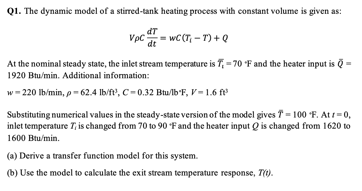 Solved Q1. The dynamic model of a stirred-tank heating | Chegg.com