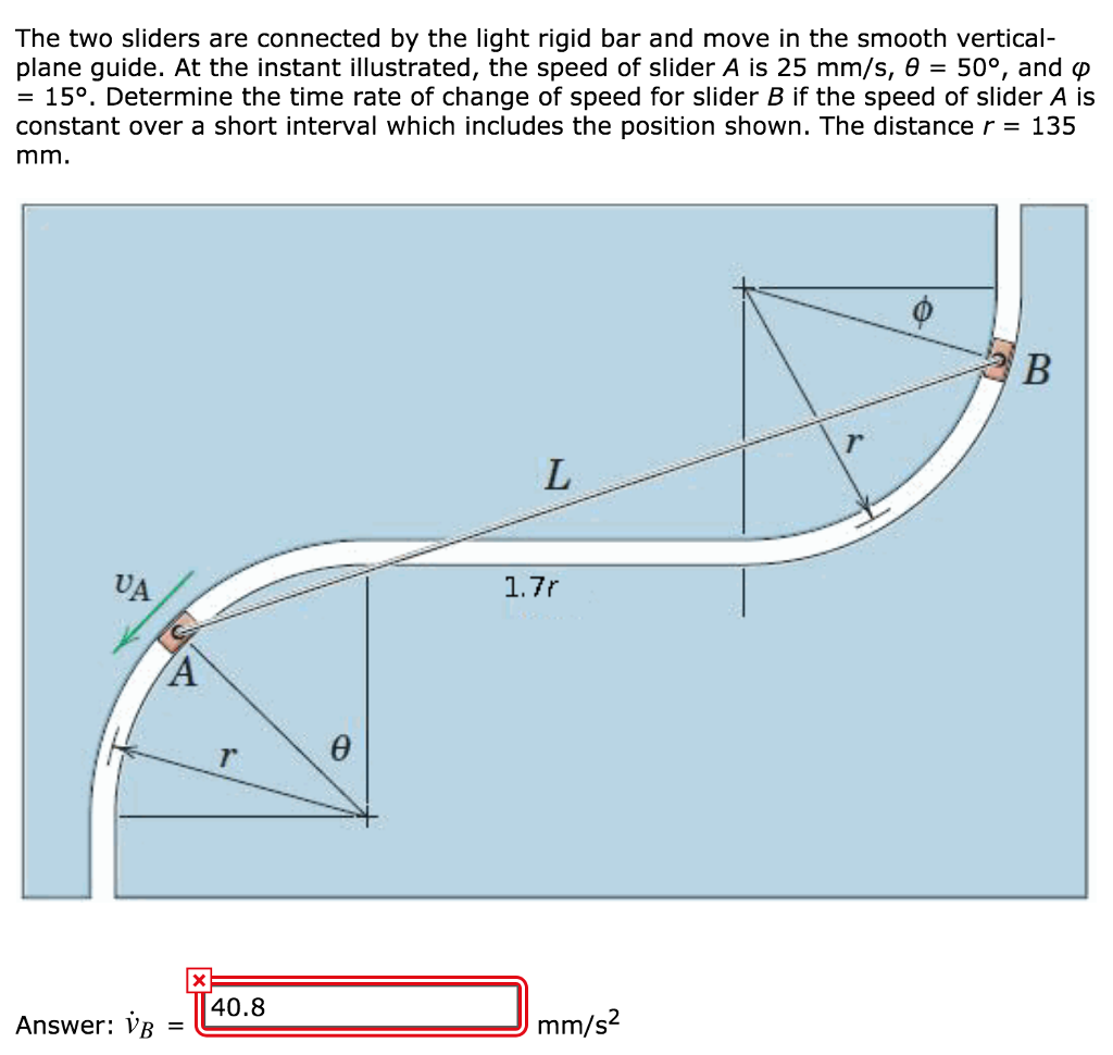 Solved The two sliders are connected by the light rigid bar | Chegg.com