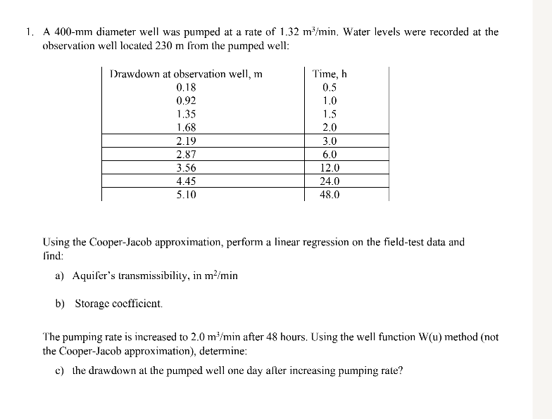 Solved 1. A 400-mm diameter well was pumped at a rate of | Chegg.com