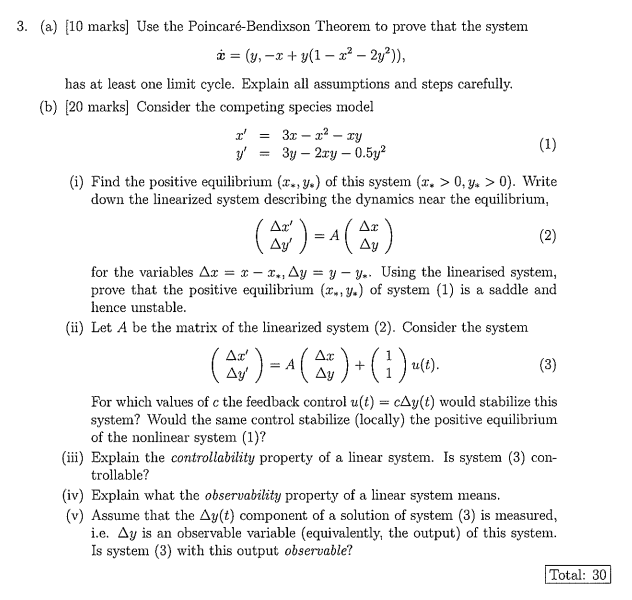 3. (a) 10 marks] Use the Poincaré-Bendixson Theorem | Chegg.com