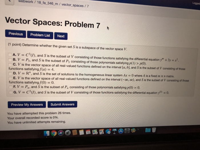 Solved Logged webwork/18 fa 346 m / vector spaces/7 Vector | Chegg.com