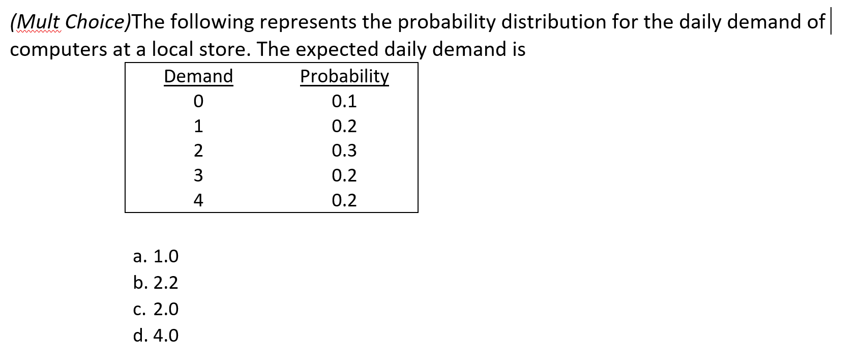 Solved (Mult Choice)The following represents the probability | Chegg.com