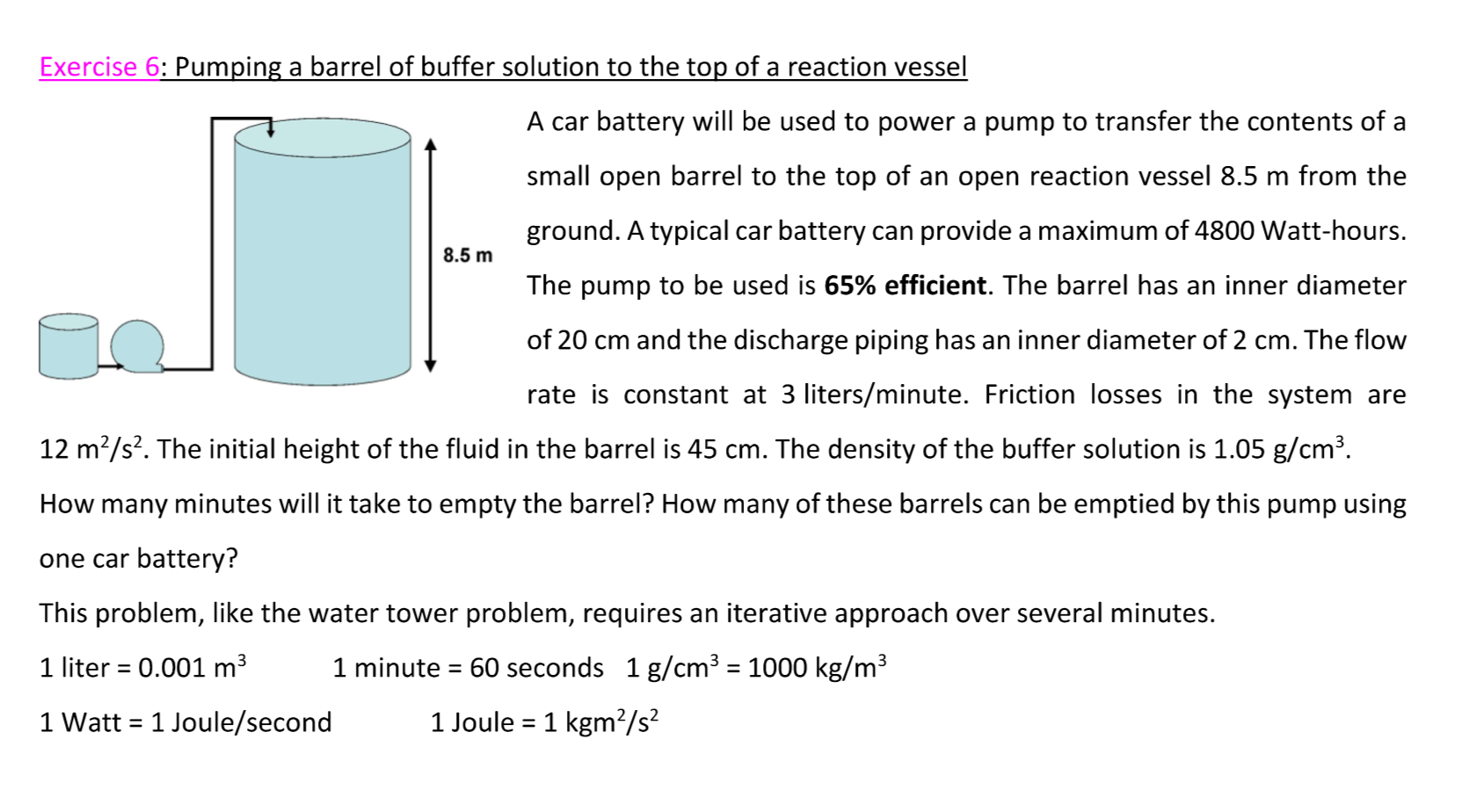 Solved Exercise 6: Pumping a barrel of buffer solution to | Chegg.com