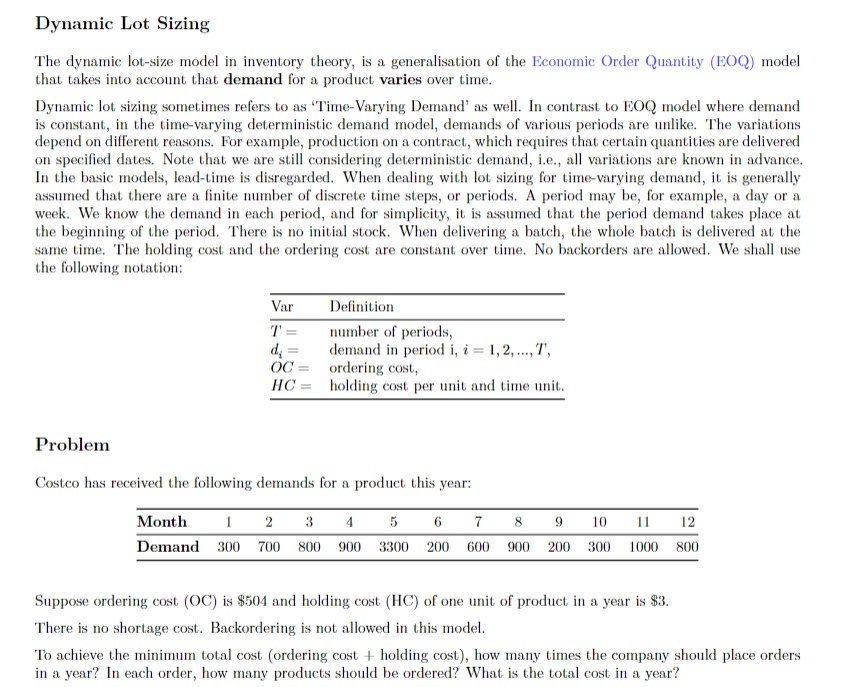 Solved Dynamic Lot Sizing The dynamic lot-size model in | Chegg.com
